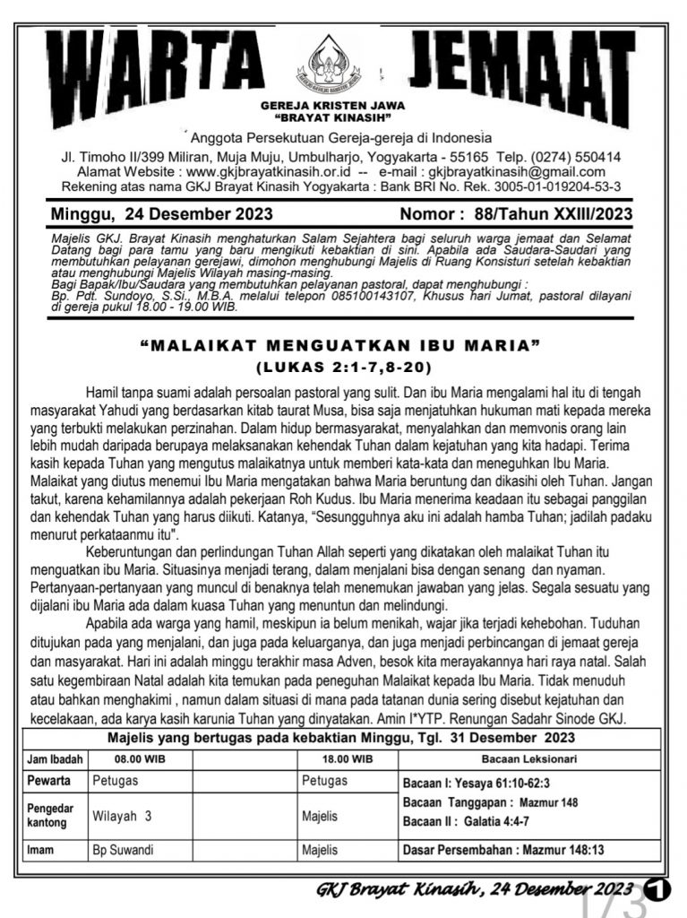 Warta Jemaat 24 Desember 2023 – Gereja Kristen Jawa Brayat Kinasih ...